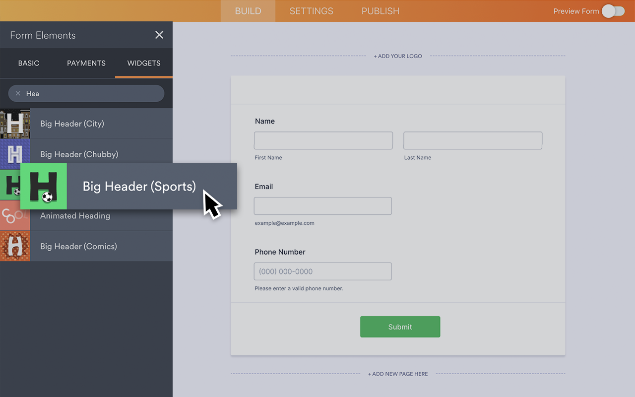Big Header (Sports) - Form Widgets | Jotform