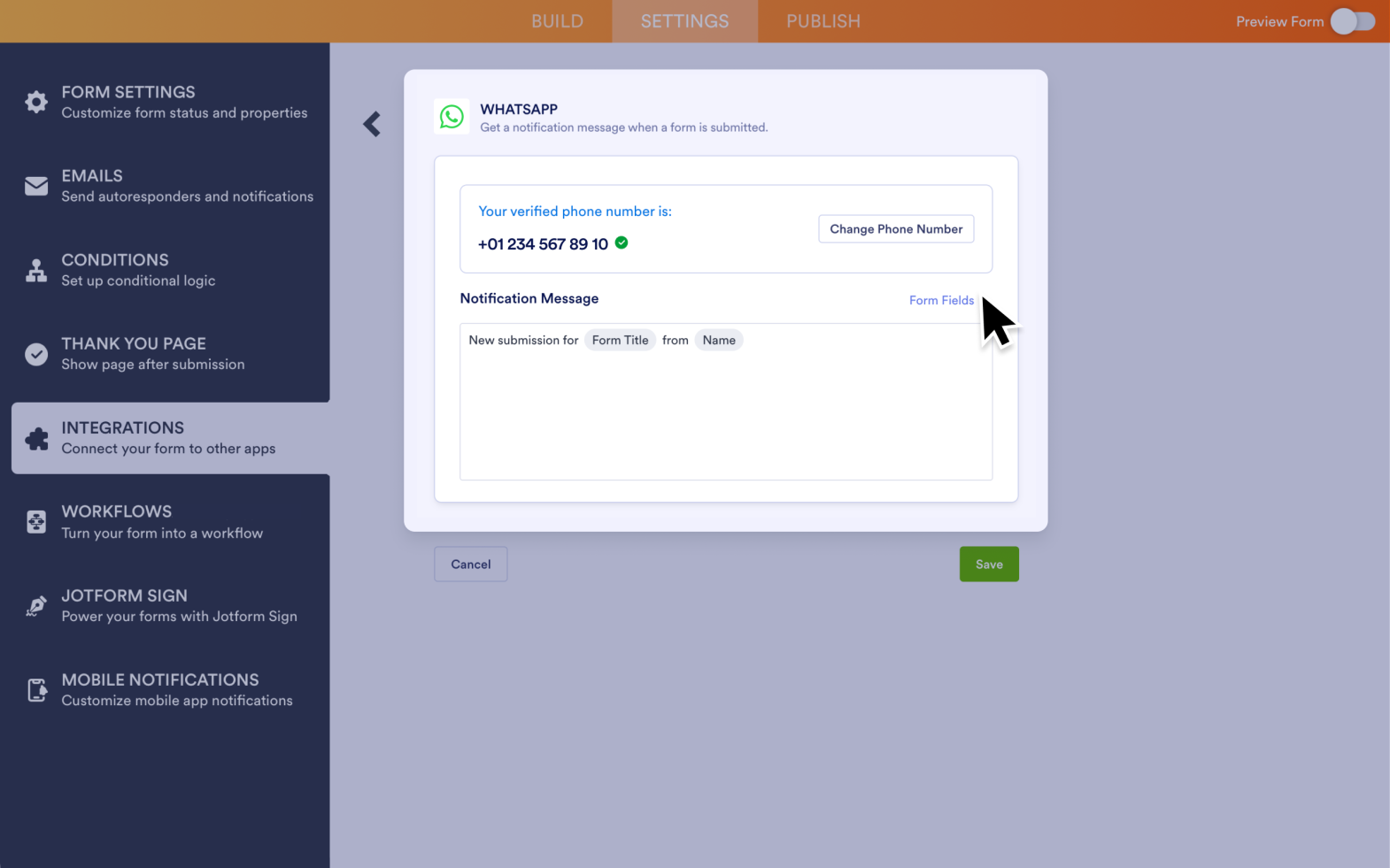 Jotform WhatsApp Integración | Comunicación Integraciones