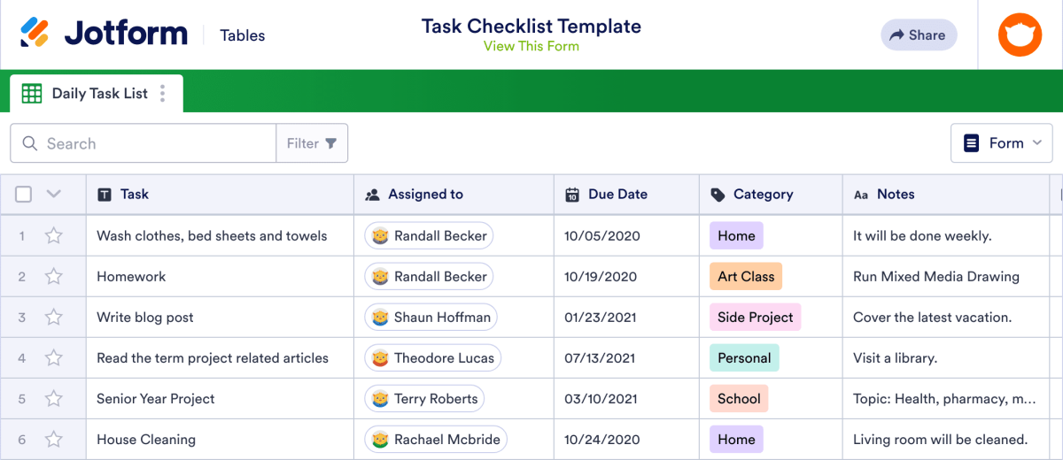 Task Checklist Template | Jotform Tables