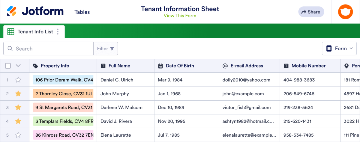 Tenant Information Sheet Template | Jotform Tables