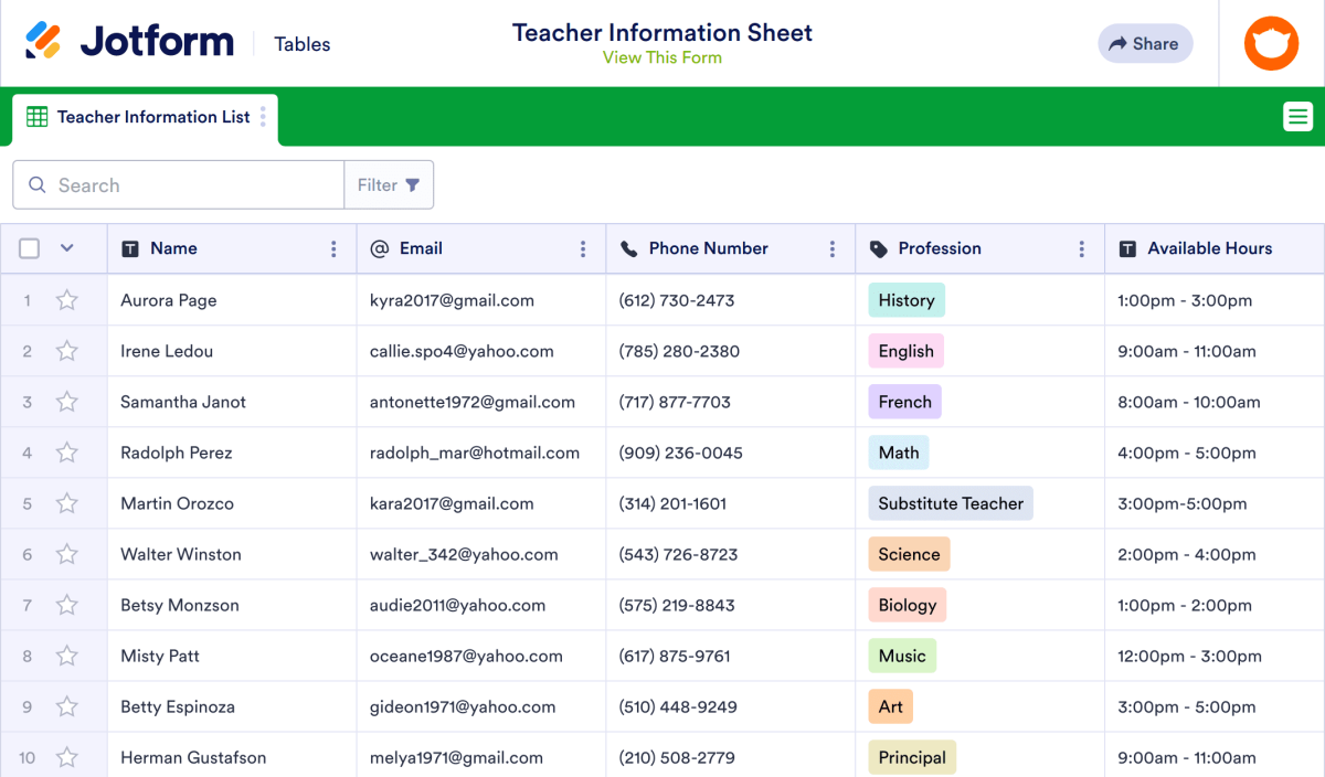 Teacher Information Sheet Template | Jotform Tables