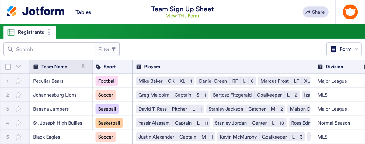 Team Sign Up Sheet Template | Jotform Tables
