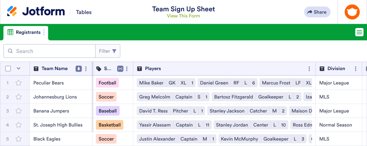 Team Sign Up Sheet Template | Jotform Tables