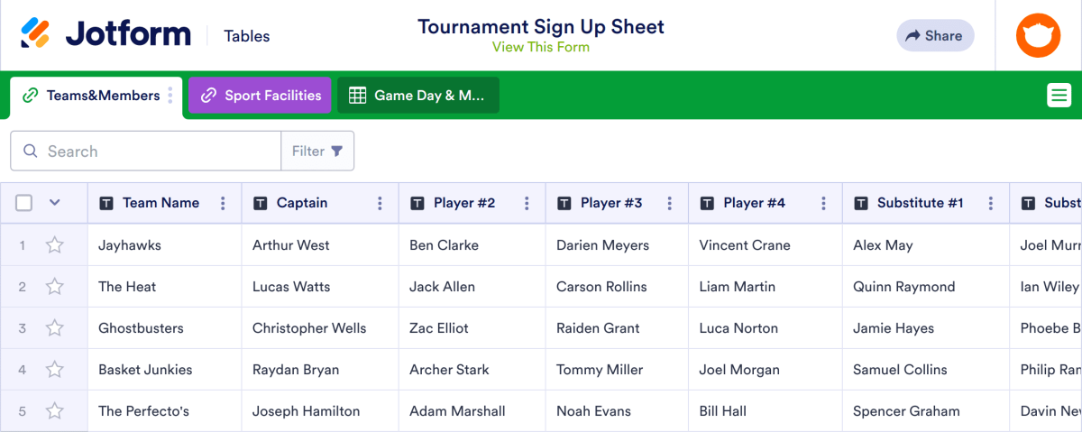 Tournament Sign Up Sheet Template | Jotform Tables