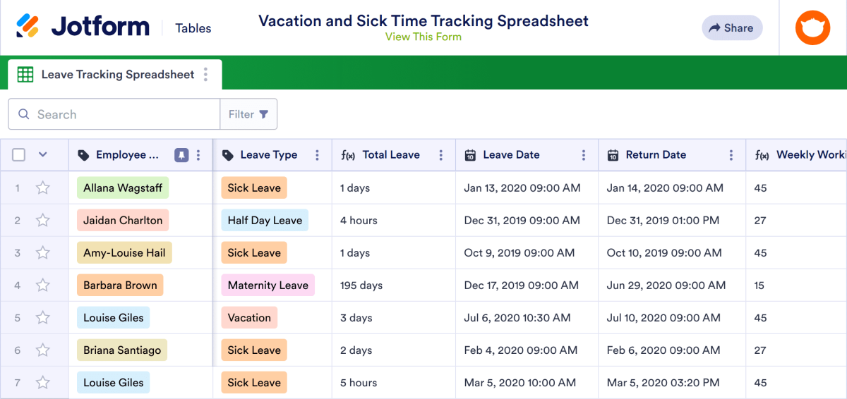 Vacation and Sick Time Tracking Sheet Template | Jotform Tables