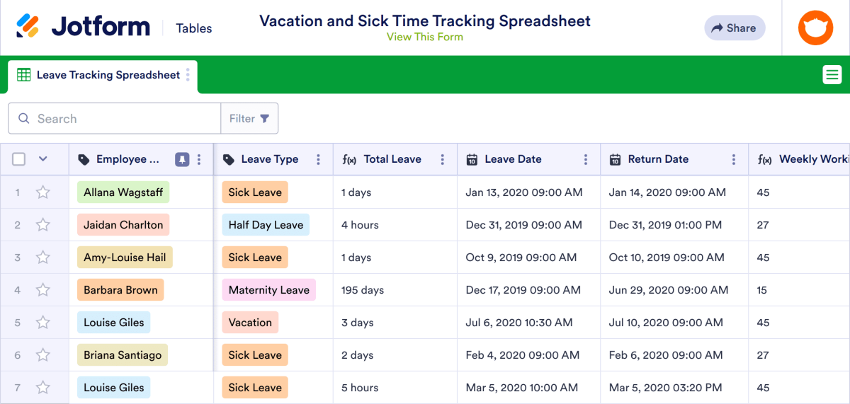 Vacation and Sick Time Tracking Sheet Template | Jotform Tables