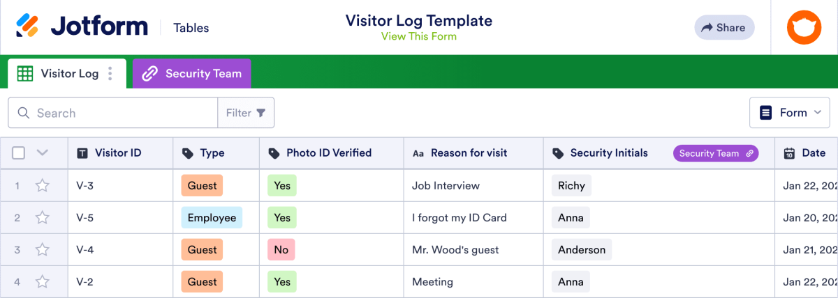 Visitor Log Template Spreadsheet Template Jotform