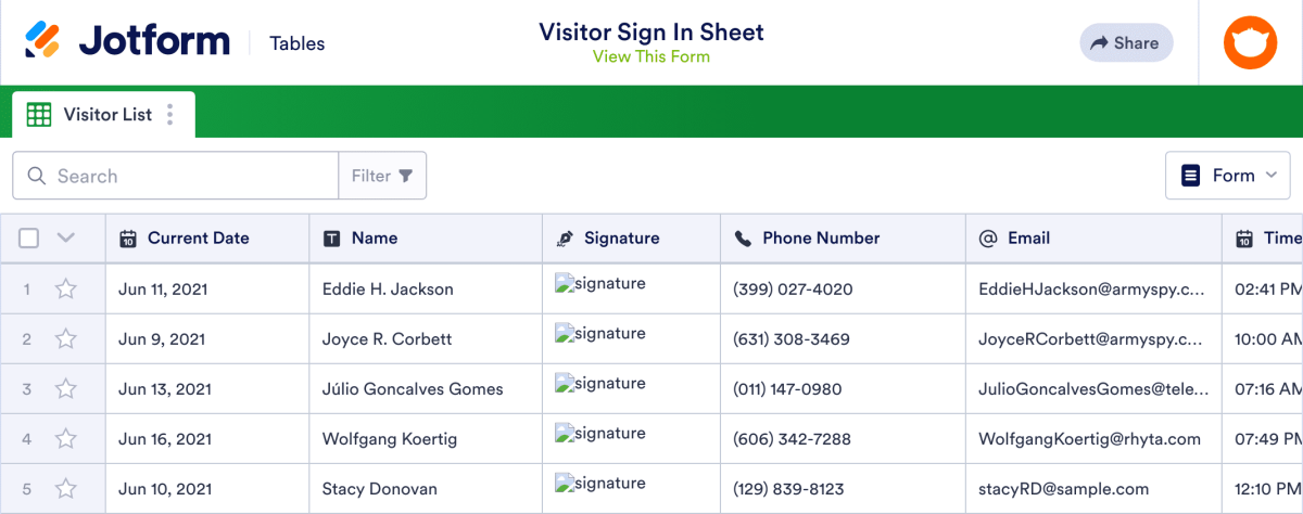 Visitor Sign In Spreadsheet Template | Jotform