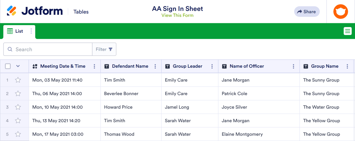 AA Sign In Sheet Template | Jotform Tables