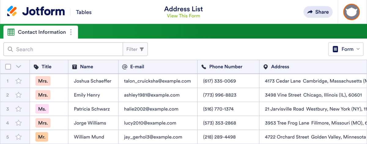 Address List Template | Jotform Tables