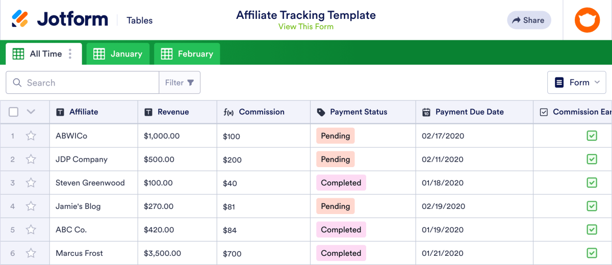 Affiliate Tracking Template | Jotform Tables