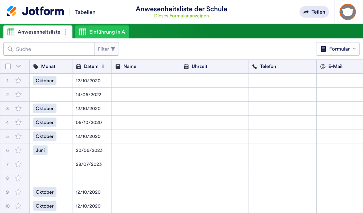 Anwesenheitsliste der Schule Vorlage | Jotform Tabellen