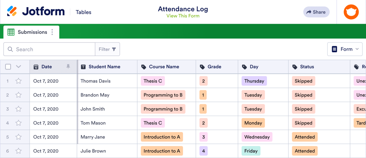 Attendance Log Template | Jotform Tables
