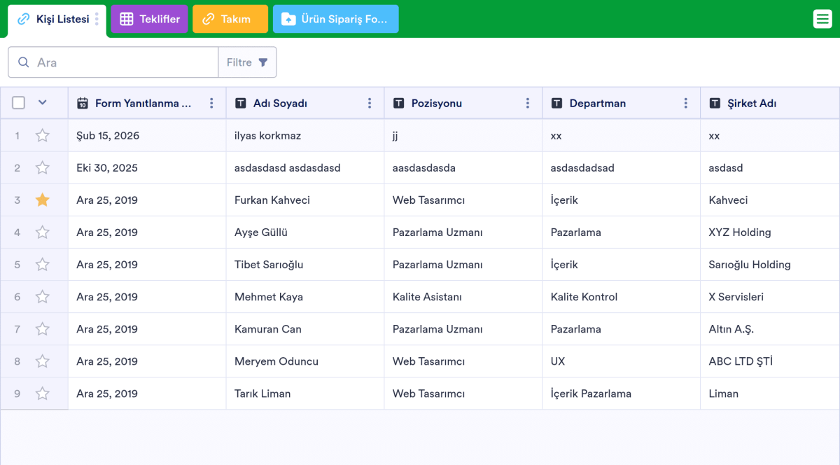 Basit CRM Tablosu Örneği | Jotform Tablolar