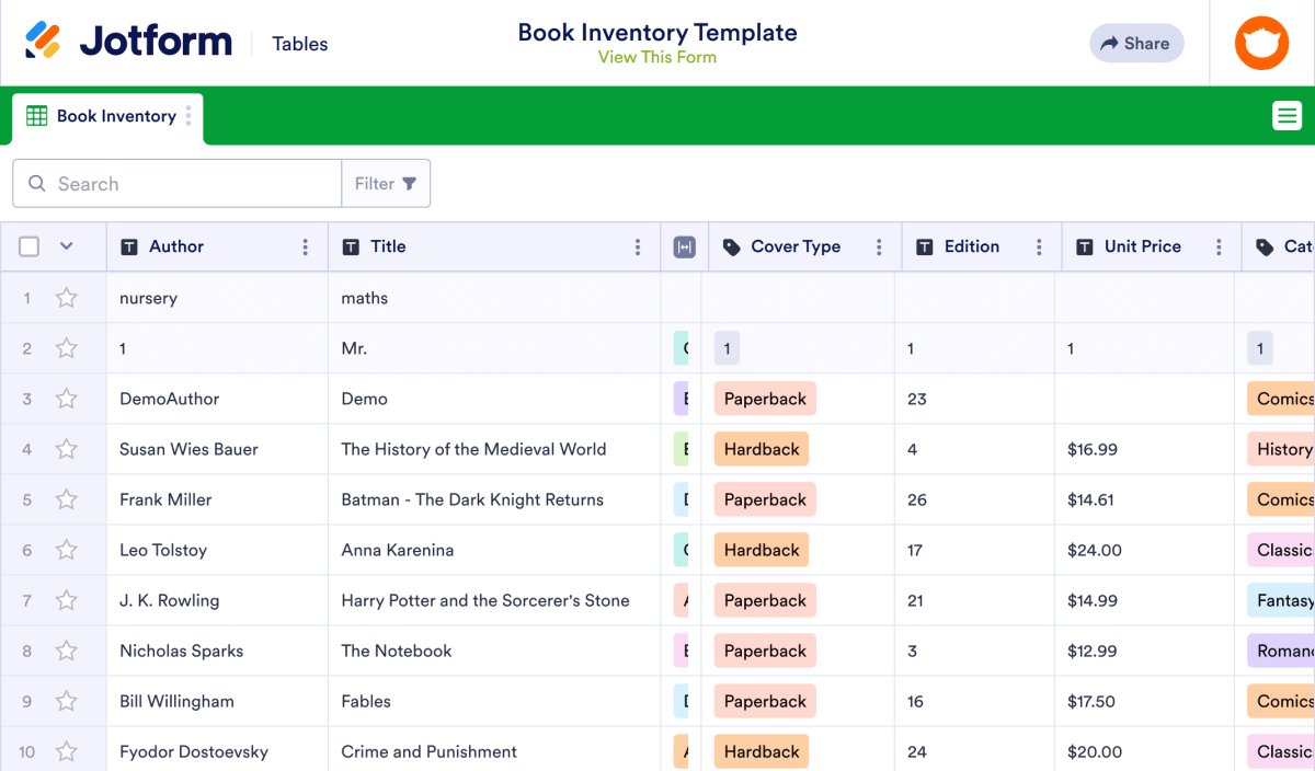 Book Inventory Template | Jotform Tables