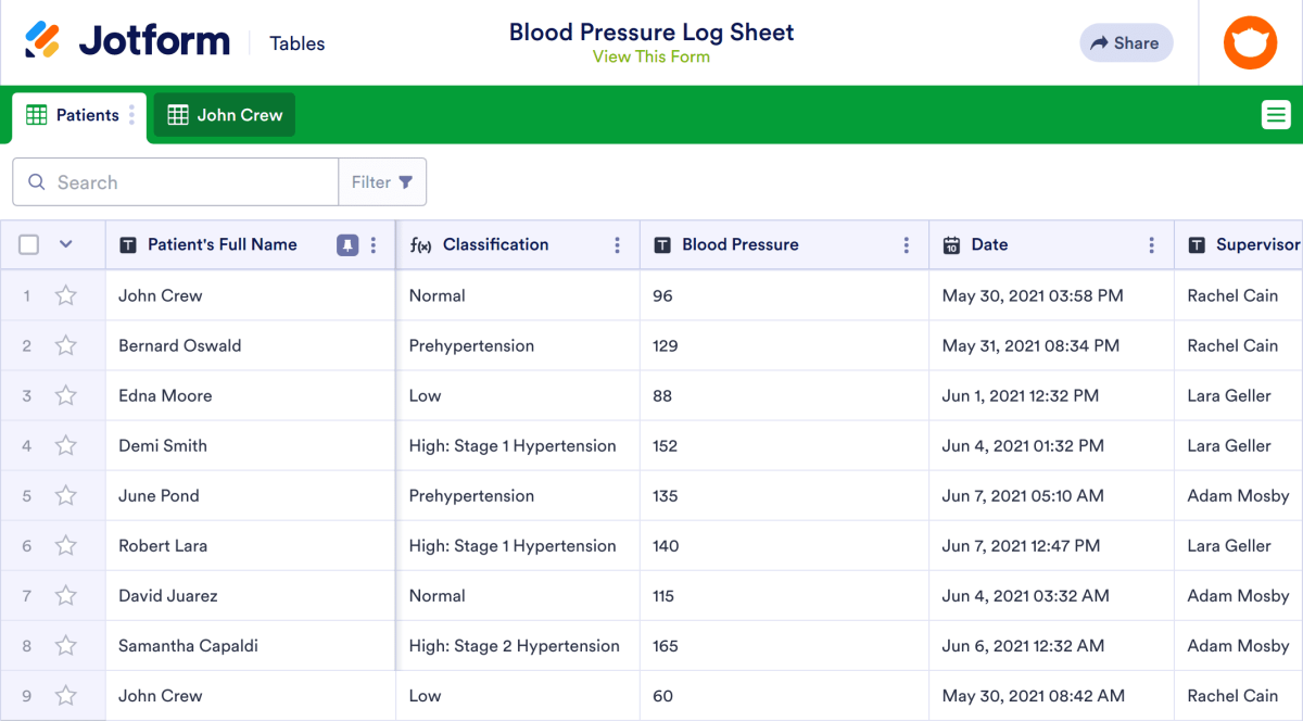 Blood Pressure Log Spreadsheet Template | Jotform