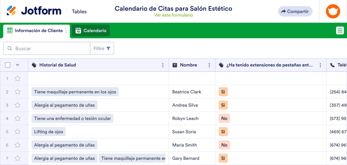 Calendario de Citas para Salón Estético Plantilla | Jotform Tablas