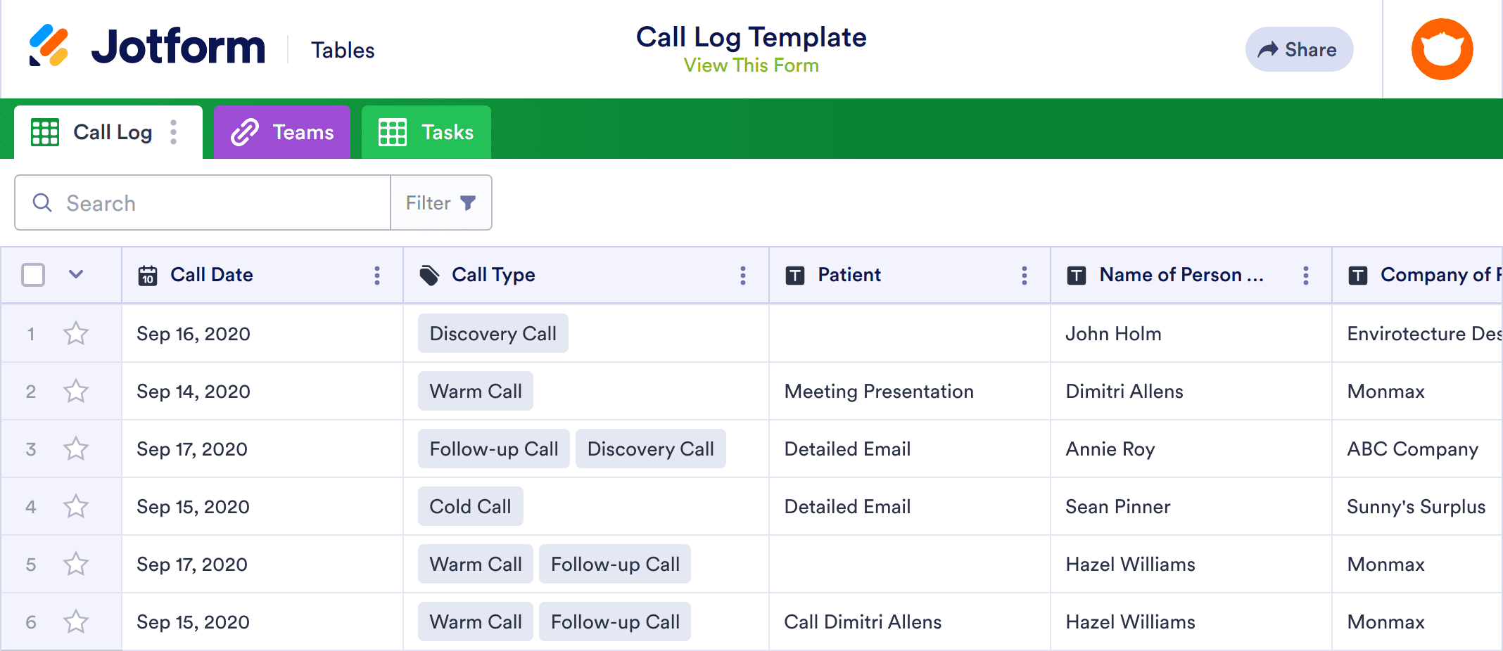 Call Log Template | Jotform Tables