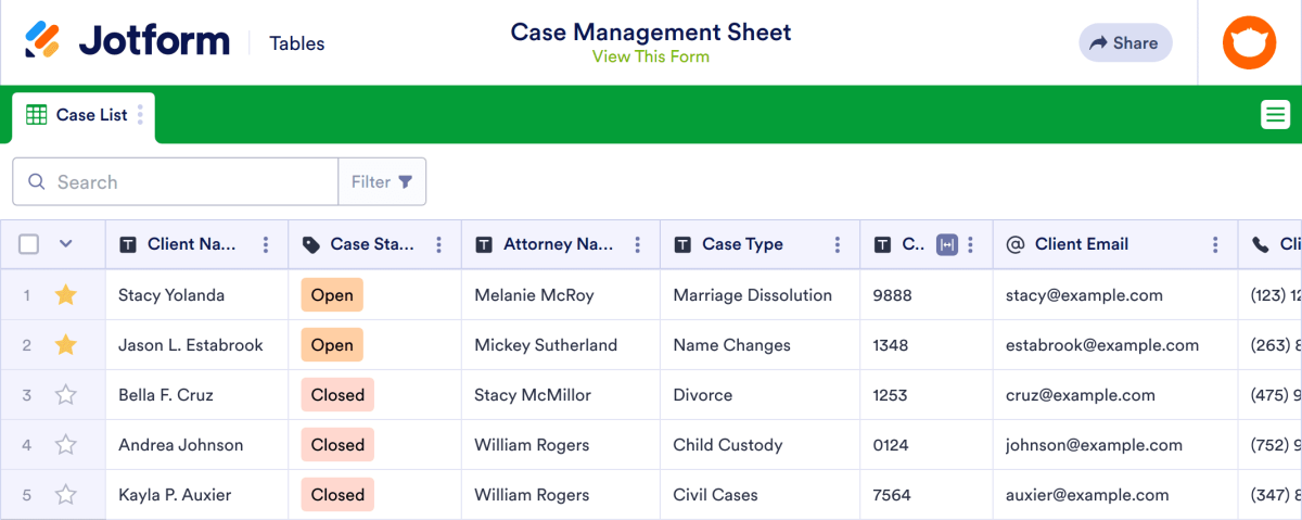 Case Management Sheet Template | Jotform Tables