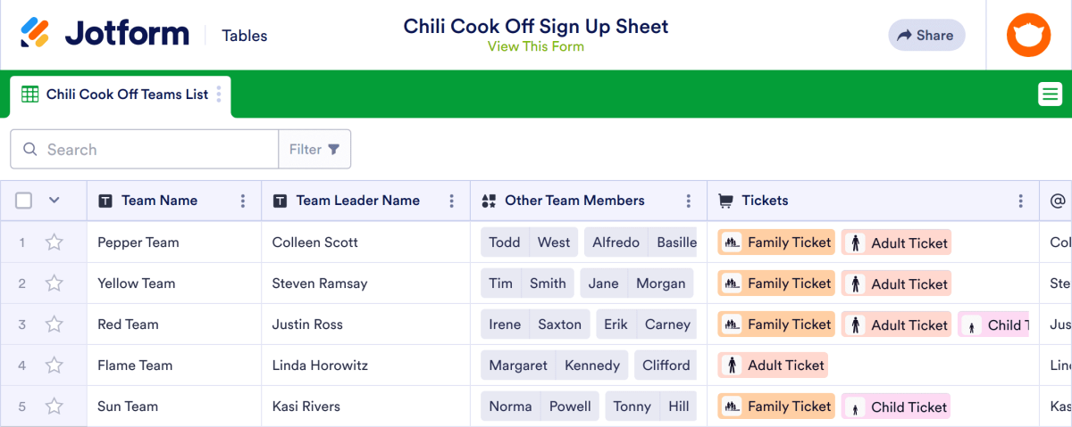 Chili Cook Off Sign Up Sheet Template | Jotform Tables