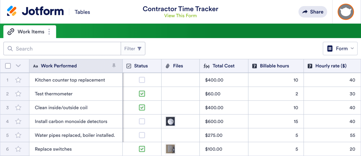 Contractor Time Tracker Template | Jotform Tables