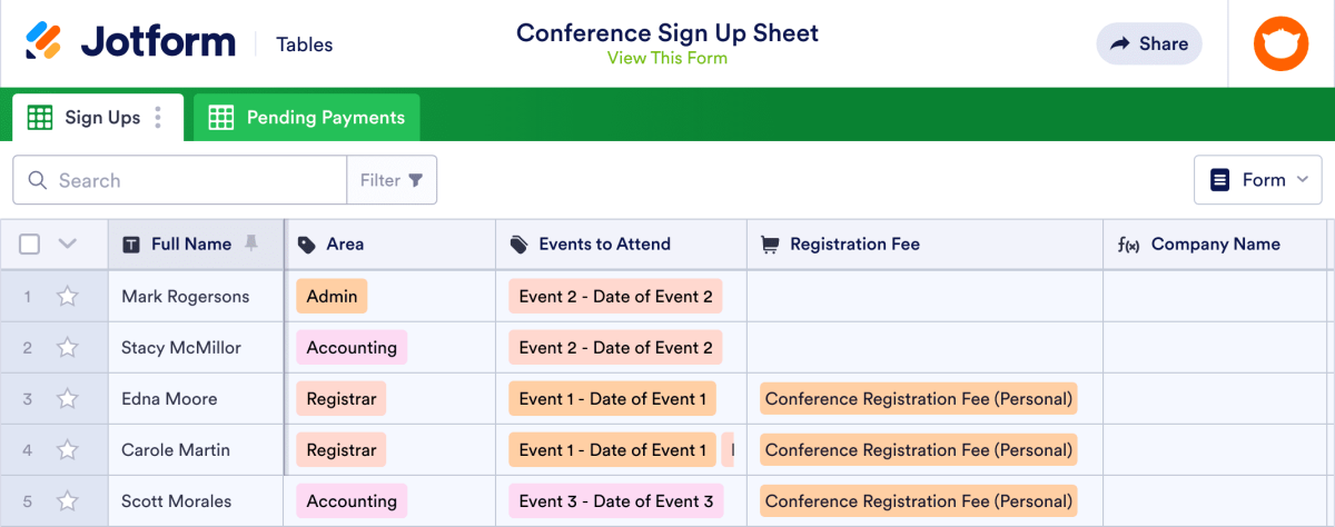 Conference Sign Up Sheet Template | Jotform Tables