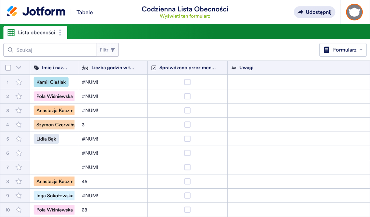 Codzienna Lista Obecności Szablon | Tabele Jotform