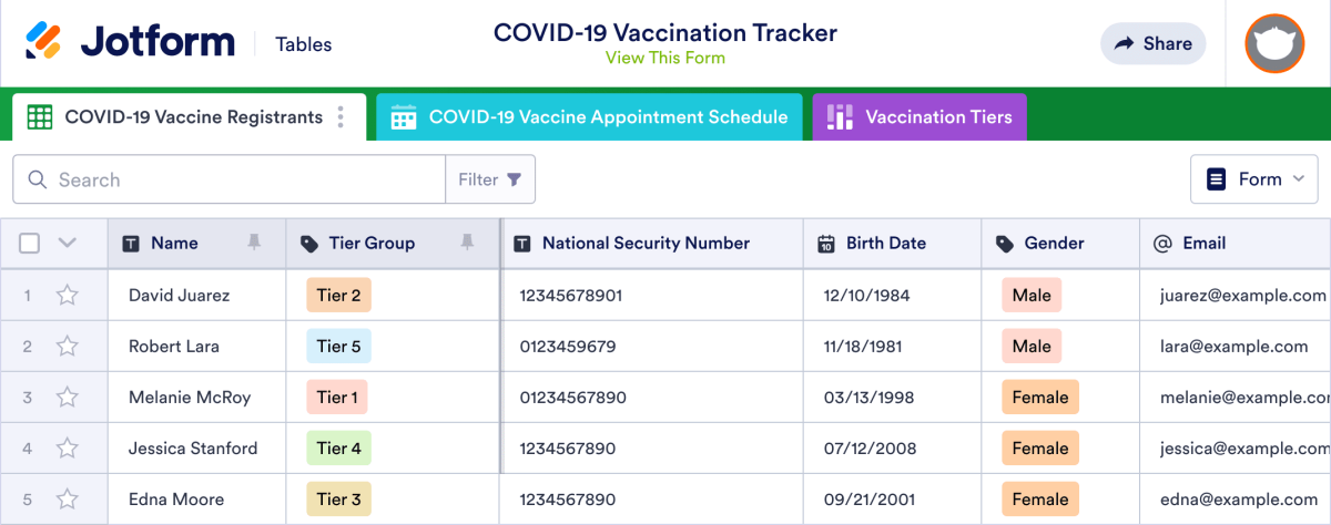 COVID-19 Vaccination Tracker Template | Jotform Tables