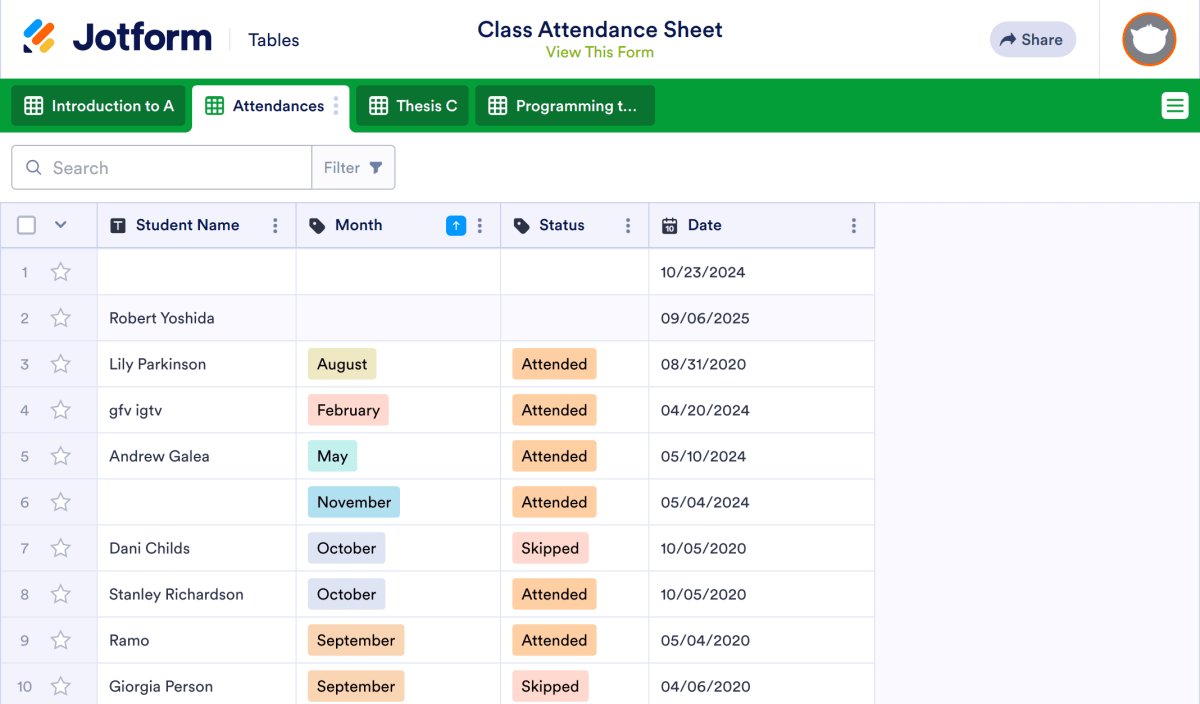 Class Attendance Spreadsheet Template | Jotform