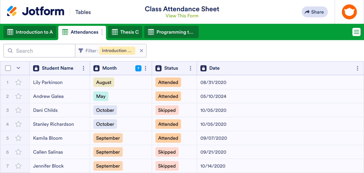 Class Attendance Sheet Template | Jotform Tables