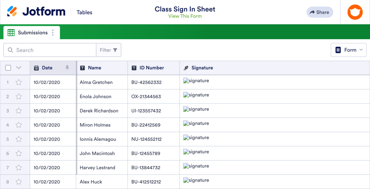 Class Sign In Sheet Template | Jotform Tables