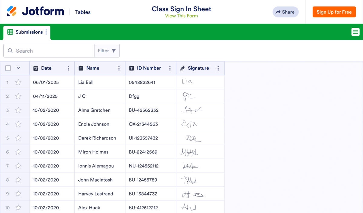 Class Sign In Spreadsheet Template | Jotform
