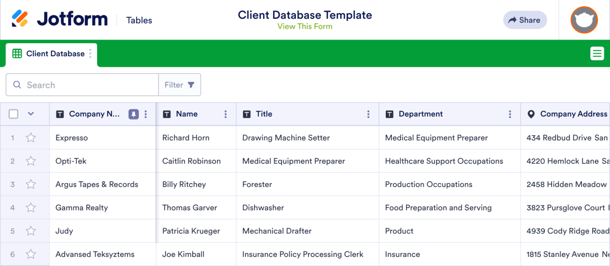 Client Database Template Spreadsheet Template | Jotform
