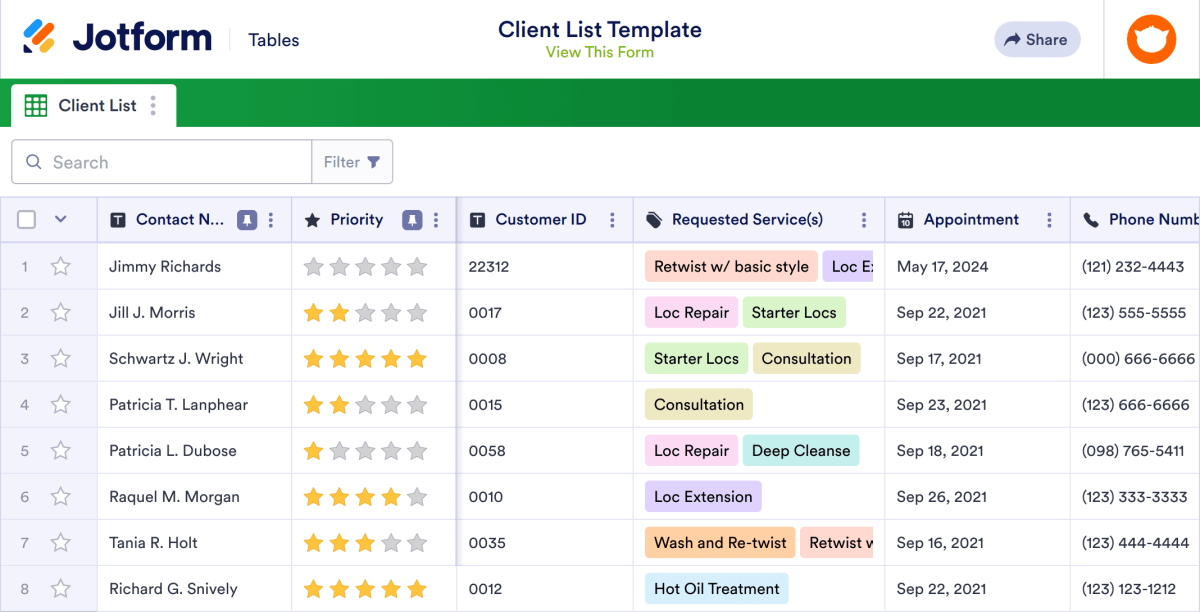 Client List Template | Jotform Tables