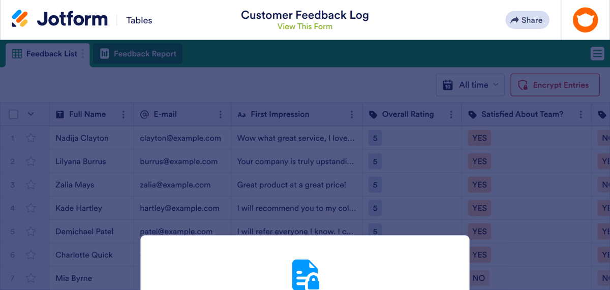 Customer Feedback Log Template | Jotform Tables