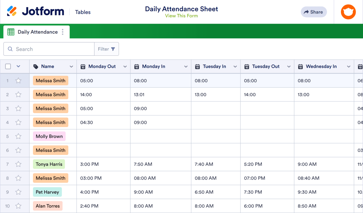 Daily Attendance Sheet Template | Jotform Tables