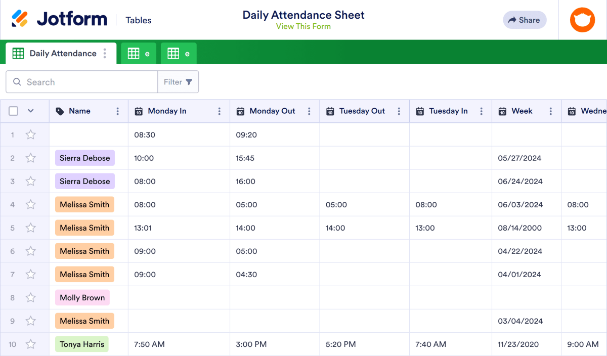 Daily Attendance Sheet Template | Jotform Tables