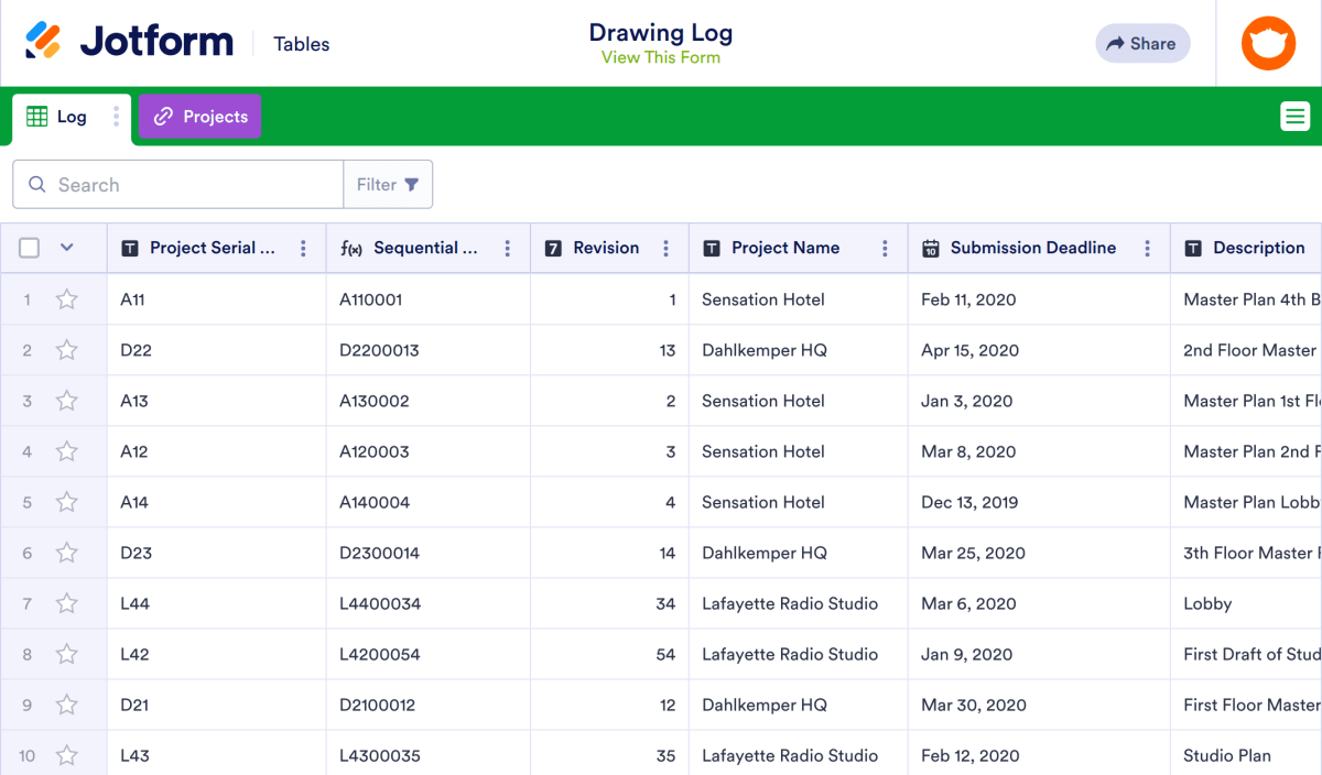 Drawing Log Template | Jotform Tables