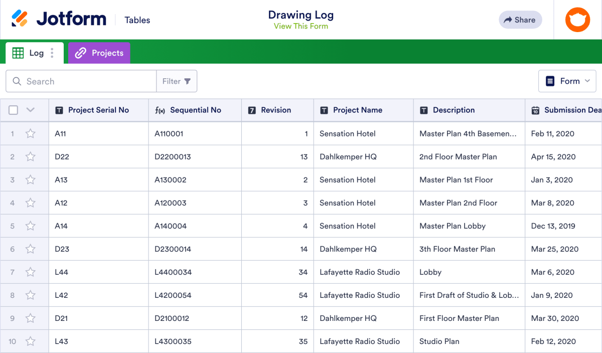 Drawing Log Template | Jotform Tables