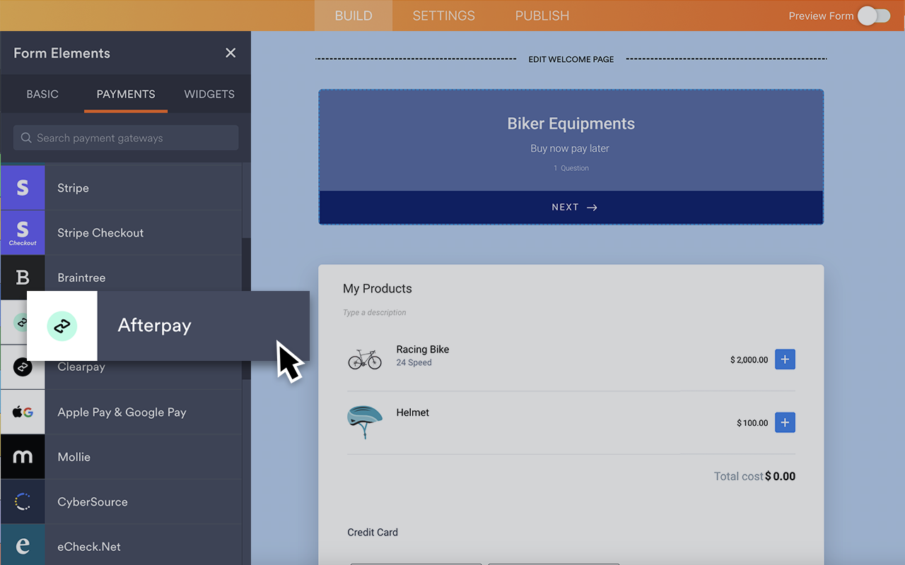 Jotform Afterpay Integration | Payment Processor Integrations