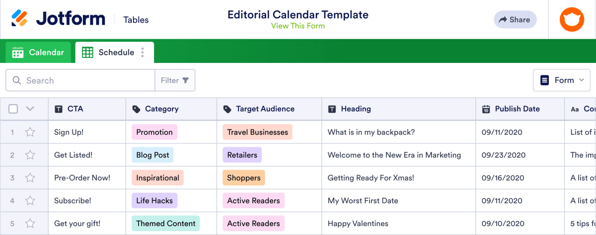 Editorial Calendar Template | Jotform Tables
