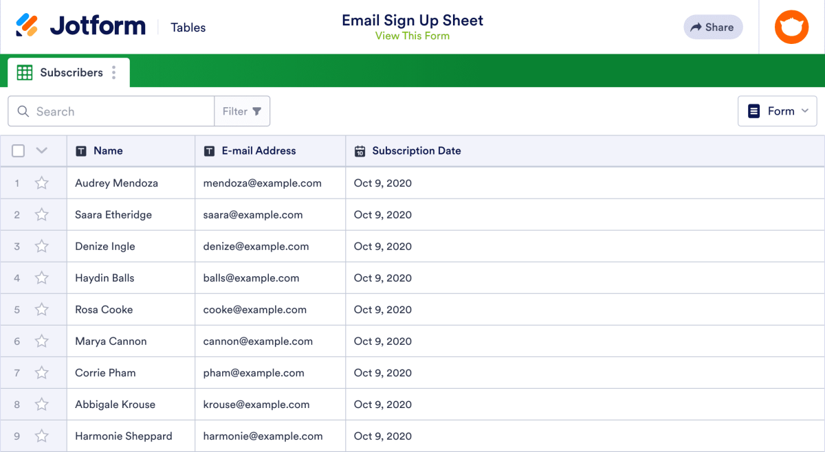 Email Sign Up Sheet Template | Jotform Tables