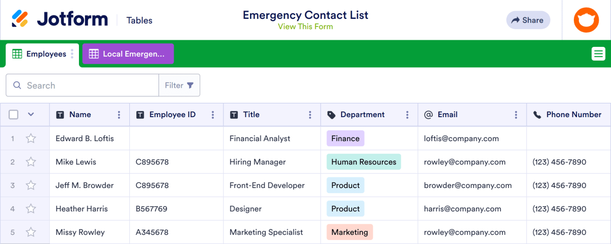 Emergency Contact List Spreadsheet Template | Jotform
