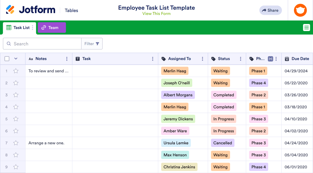 Employee Task List Template | Jotform Tables