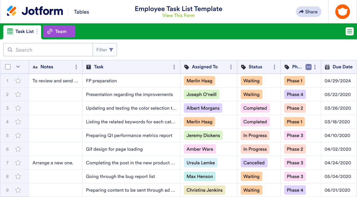 Employee Task List Template | Jotform Tables