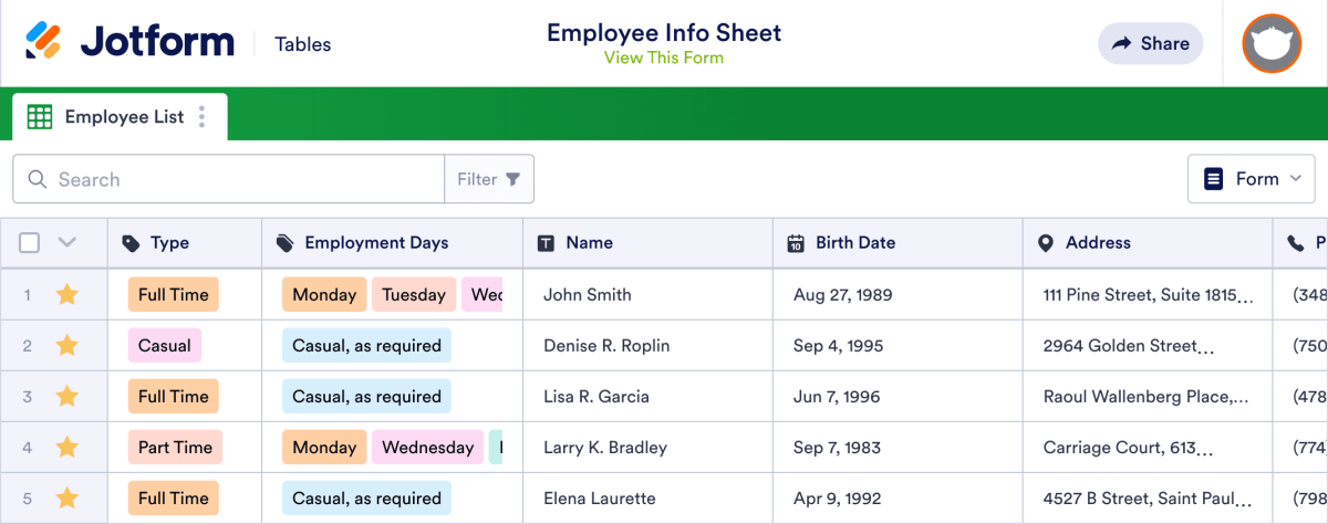 Employee Info Spreadsheet Template | Jotform