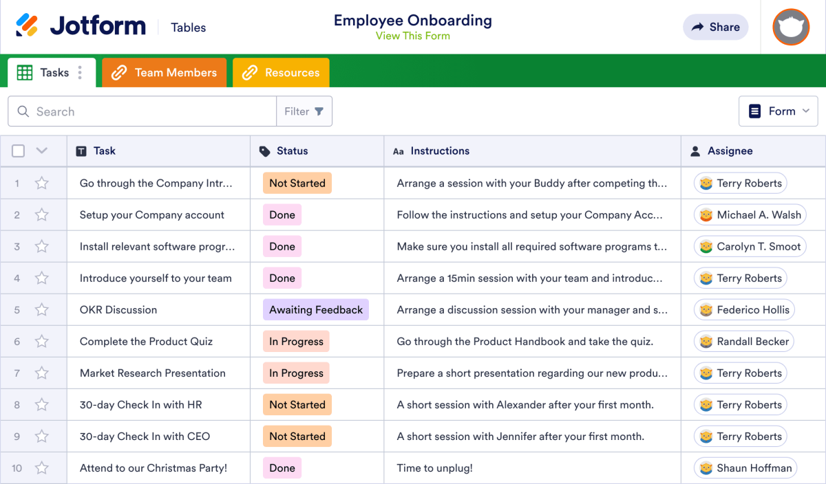 Employee Onboarding Template | Jotform Tables