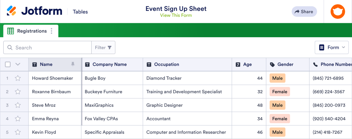Event Sign Up Sheet Template | Jotform Tables