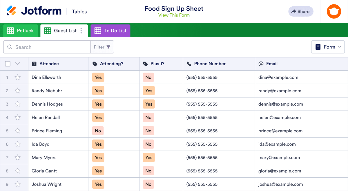 Food Sign Up Sheet Template | Jotform Tables