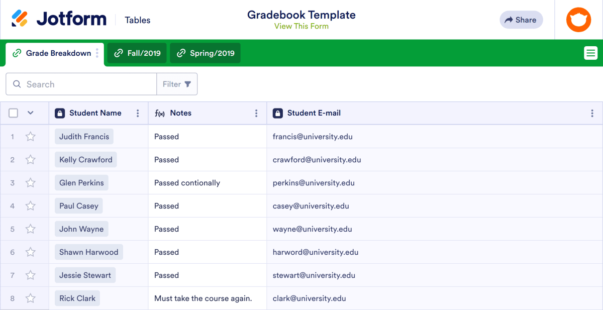 Gradebook Template | Jotform Tables